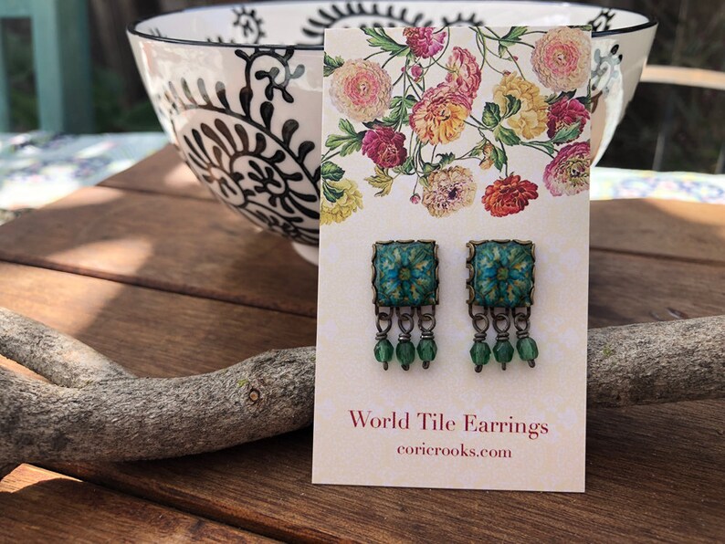 Spanish Tile Earrings, Vintage Tile Design, Beaded Stud Earrings, Post ...