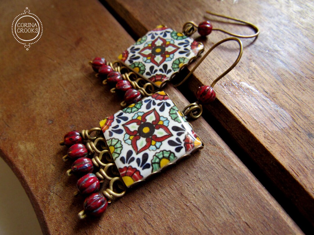 Mexican Tile Design Earrings, Mexican Pottery Pattern, Fiesta Jewelry ...