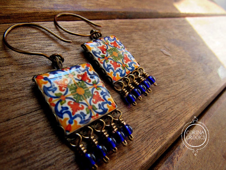 Portuguese Tile Earrings: Handmade Mediterranean Blue Bead Dangle ...