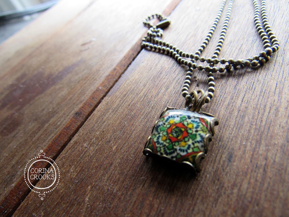 Tile Necklace, Mexican Tile Design, Charm Necklace, Folk Art Jewelry ...