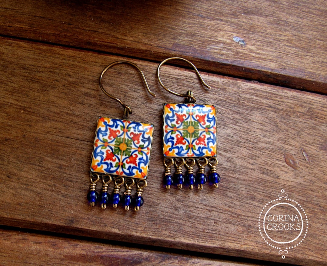 Portuguese Tile Earrings: Handmade Mediterranean Blue Bead Dangle ...