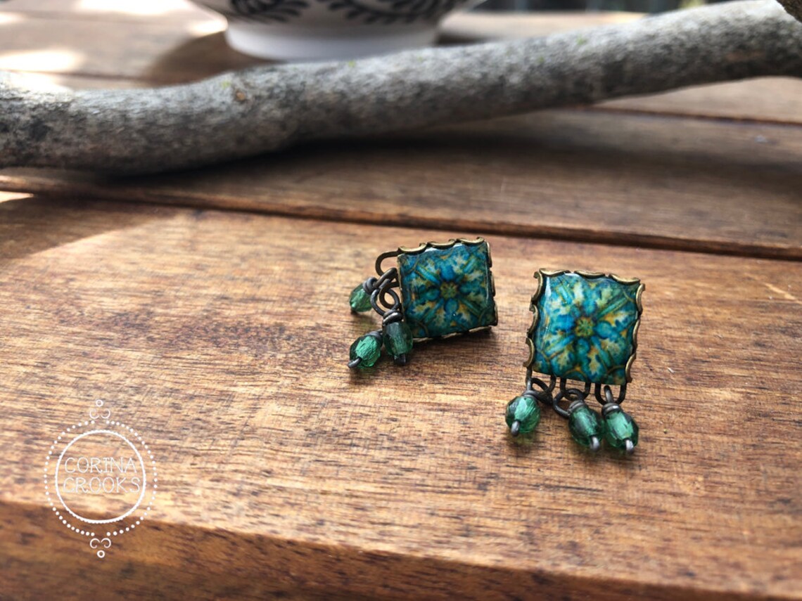 Spanish Tile Earrings, Vintage Tile Design, Beaded Stud Earrings, Post ...