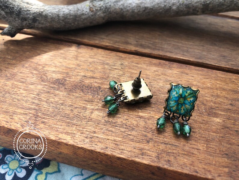 Spanish Tile Earrings, Vintage Tile Design, Beaded Stud Earrings, Post ...