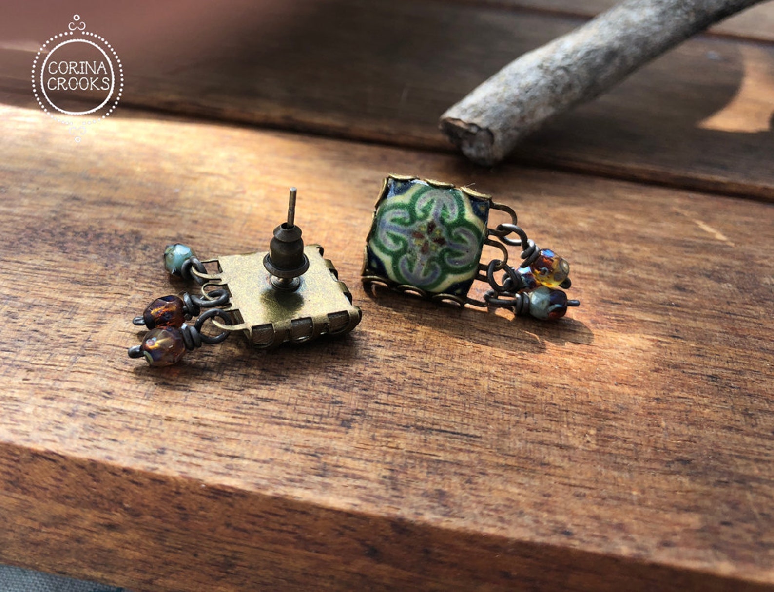 Mediterranean Tile Earrings Beaded Stud Earrings Post - Etsy