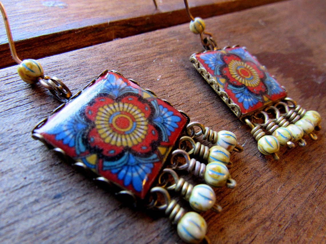 Mexican Tile Earrings, Mexican Earrings, Talavera Tile Earrings, Beaded ...