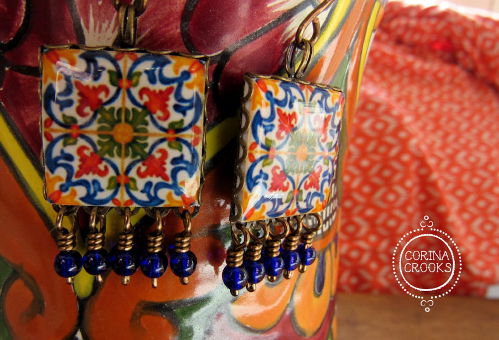Portuguese Tile Earrings: Handmade Mediterranean Blue Bead Dangle ...