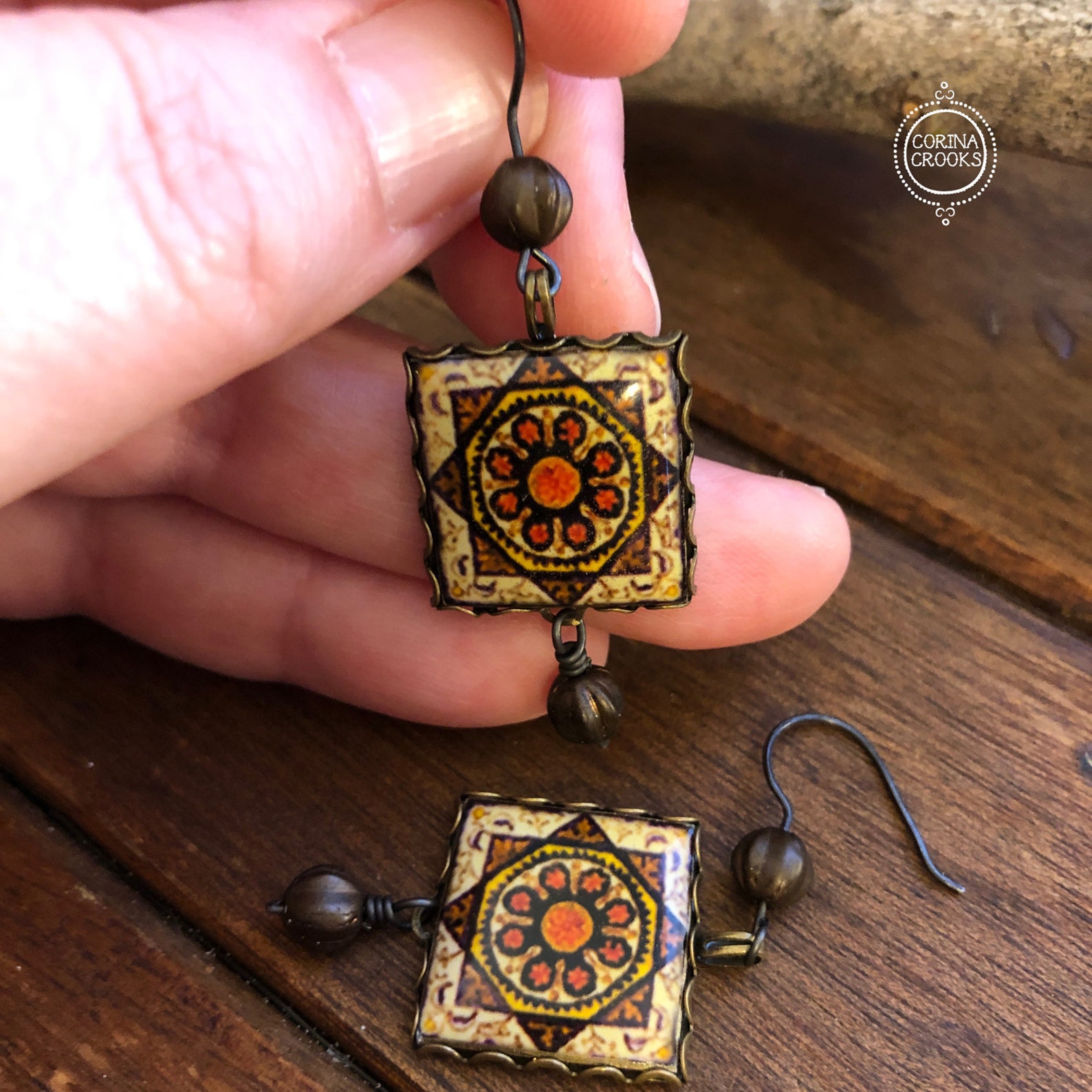 Spanish jewelry Catalan tile earrings historic tile design | Etsy