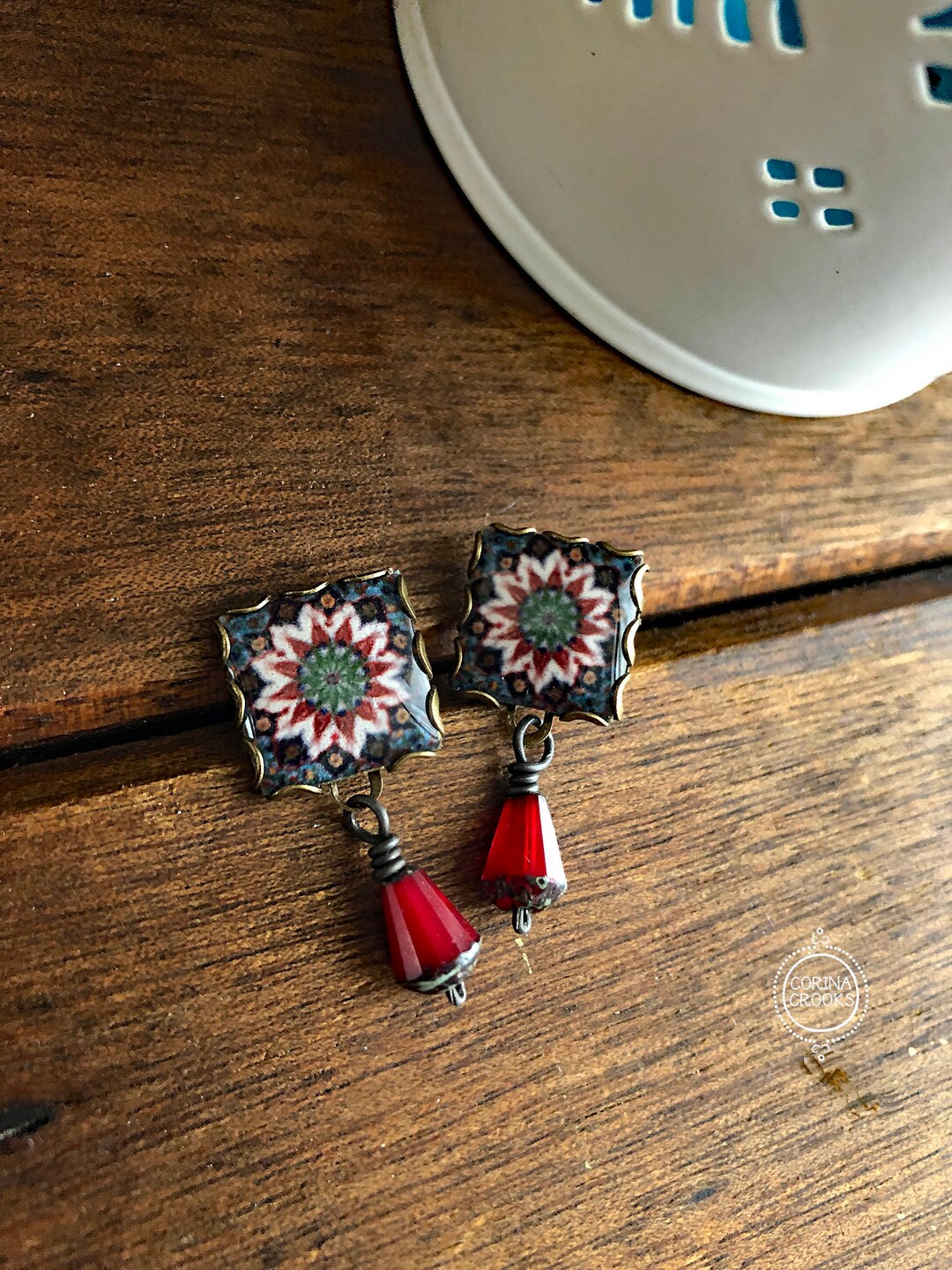 Spanish Tile Stud Earrings: Mediterranean Pottery Design, Red Glass ...