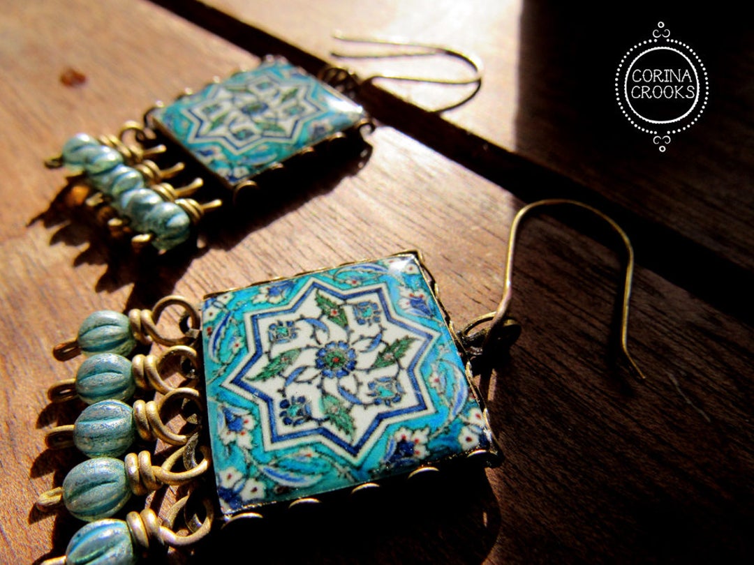 Islamic Pottery Design Earrings, Islamic Tile, Ethnic Jewelry, Islamic ...