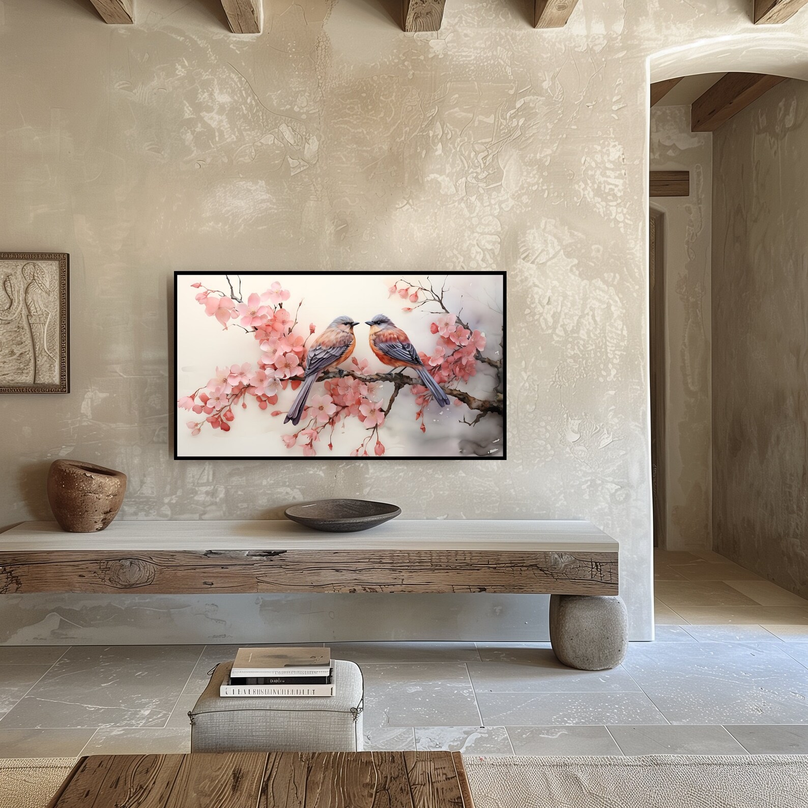 Birds on A Cherry Tree Frame Tv Art, Cherry Blossoms Tv Art, Korean Ink ...