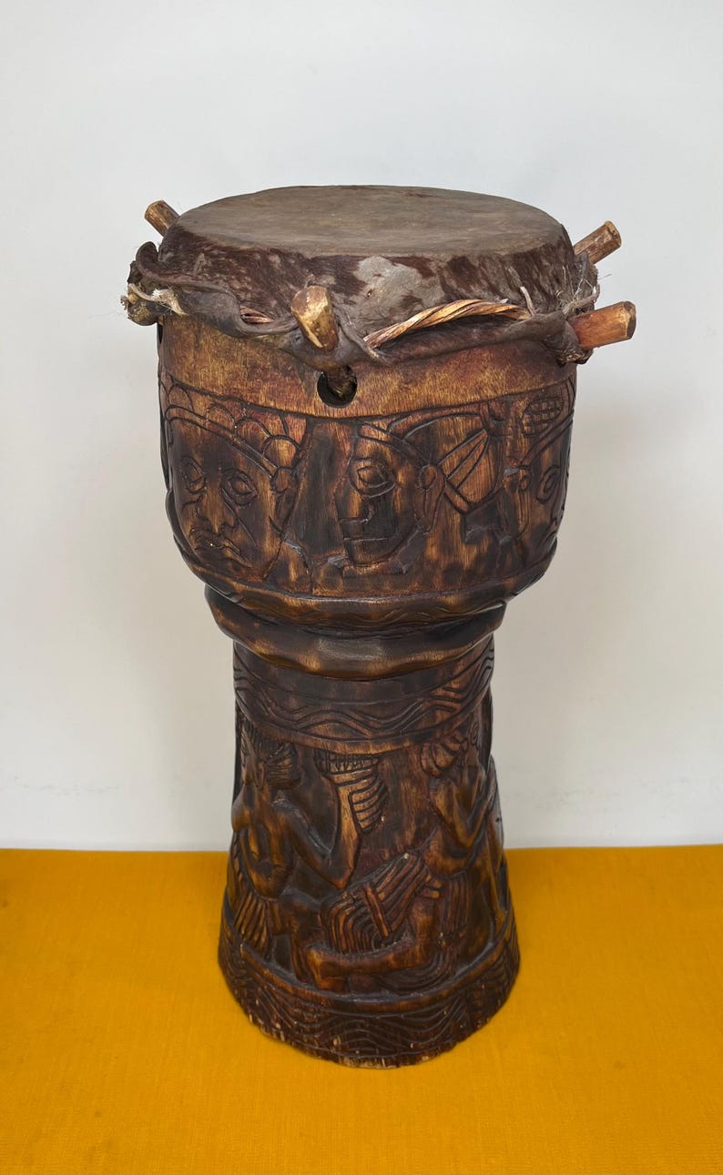 Bamileke Drum. Cameroon, Africa. Carved Wood With Musician Motifs, Goat ...