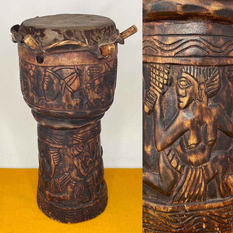 Bamileke Drum. Cameroon, Africa. Carved Wood With Musician Motifs, Goat ...