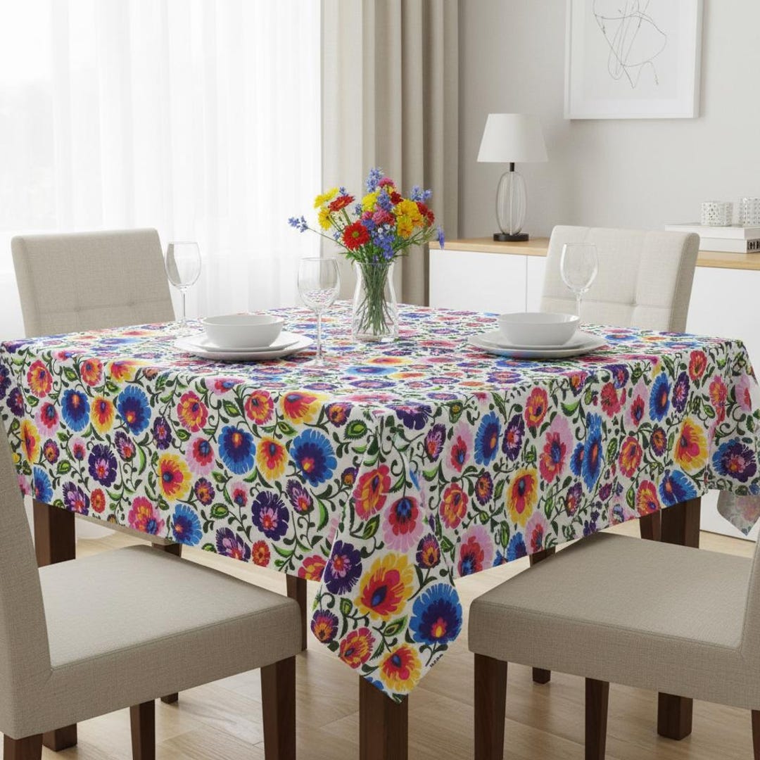 Scandi Floral Tablecloth, Colorful Cotton Print, Handmade in UK - Etsy UK