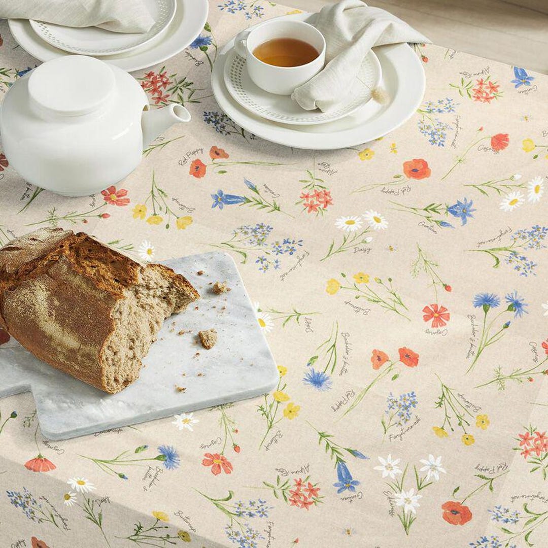 Alpine Flowers Natural Blue Tablecloth , Linen Look Tablecloth , Round ...