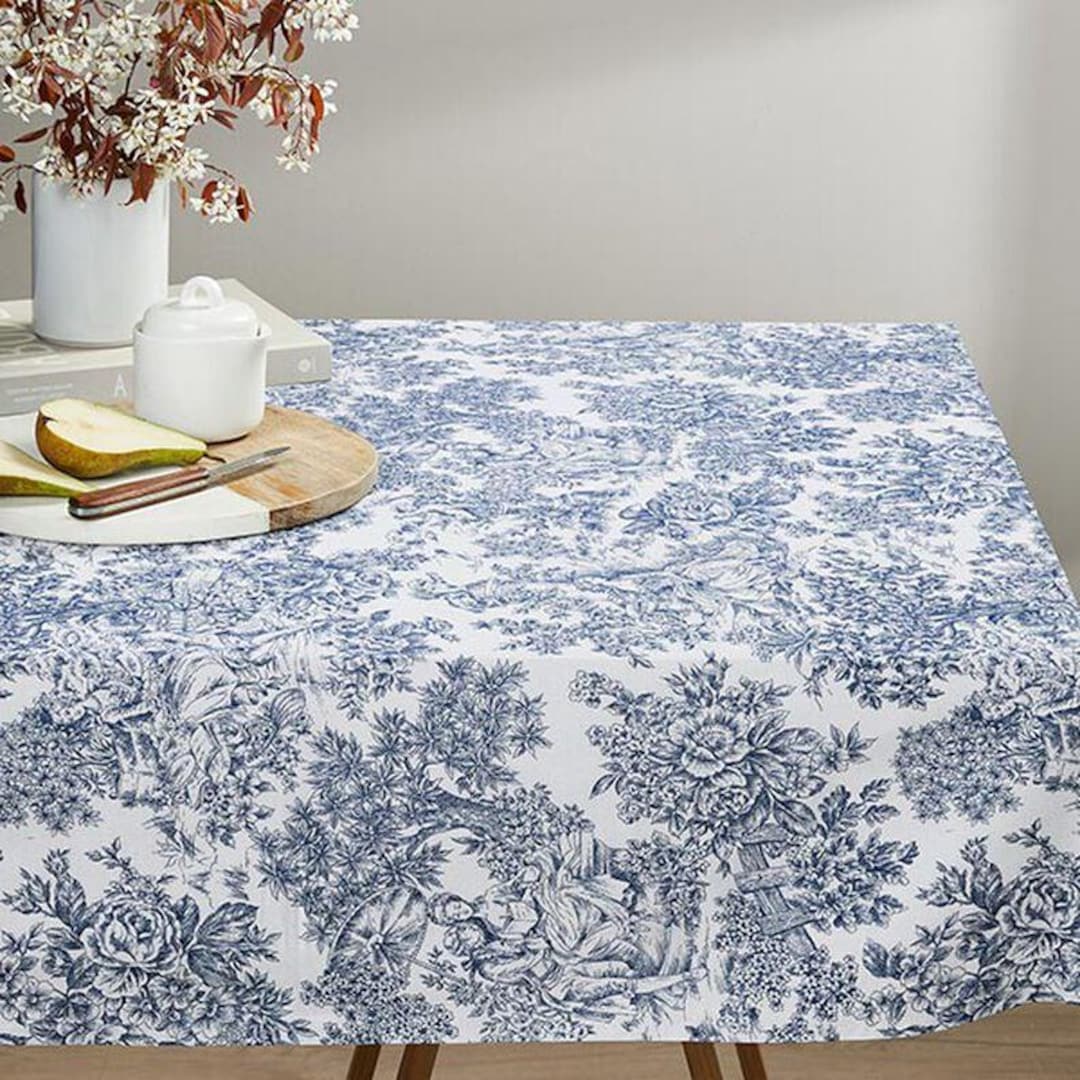 Round Toile De Jouy Romance Tablecloth , Roses Floral White Blue ...