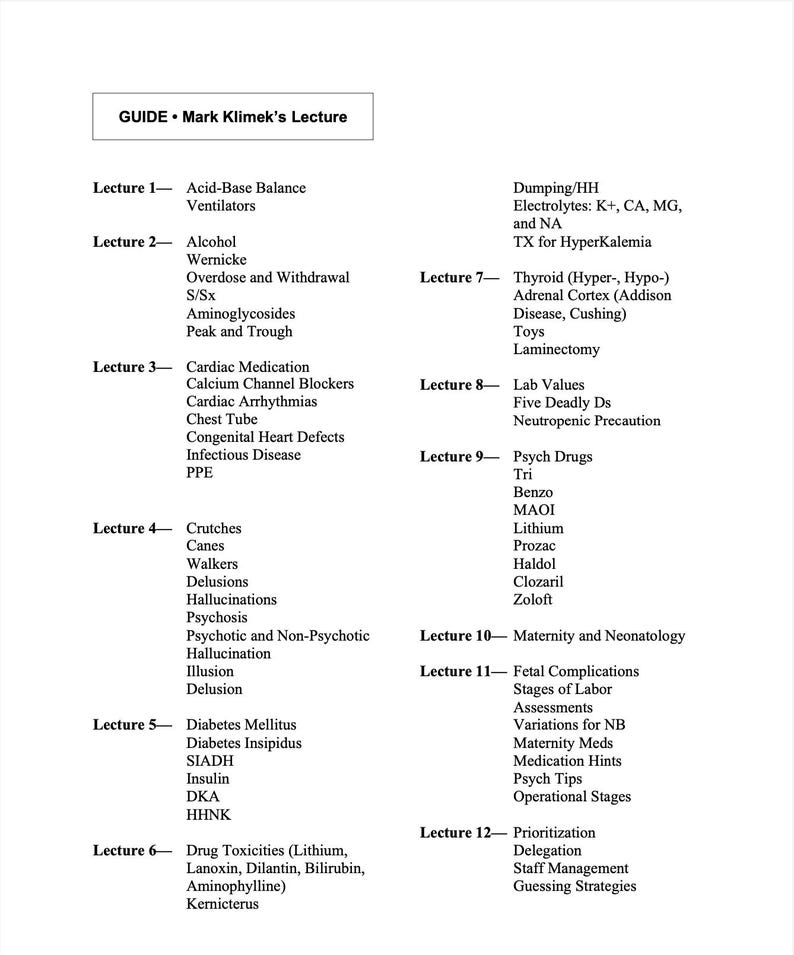 Mark Klimek (MARK K) Lectures 1-12 All Notes| Nursing Exam Prep Study ...