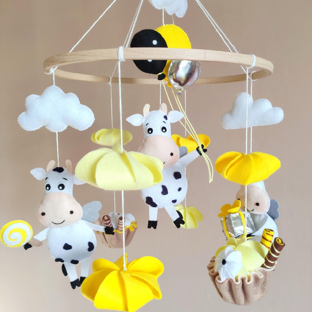 Felt Cow Baby Mobile – Flying Cows Crib Mobile, Farm Animal Nursery ...