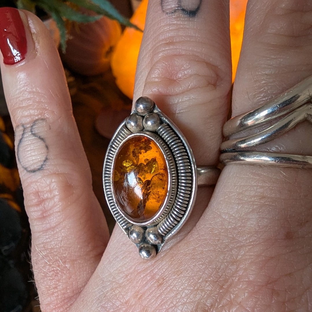 Vintage Sterling Silver & Amber Ring - Etsy
