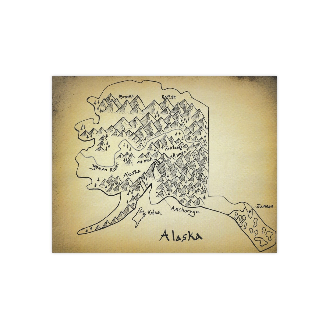 Hand Drawn Map of Alaska, 11x14 Print, Satin Finish professional Level ...