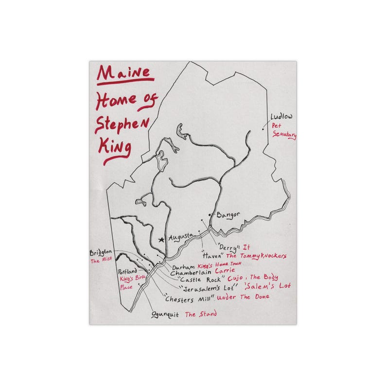 Hand Drawn Map of Maine Stephen King, Print, Satin Finish professional ...