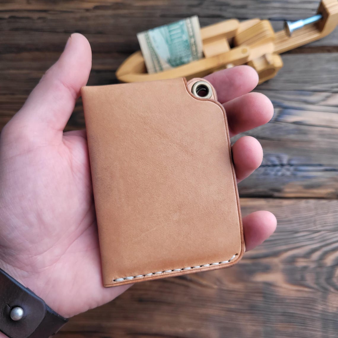 Minimalist Natural Leather Card Holder: Hand-stitched Brass Button ...