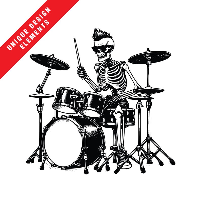 Skeleton With Mohawk Drum Set Clipart - EPS SVG PNG - Rocking Out ...