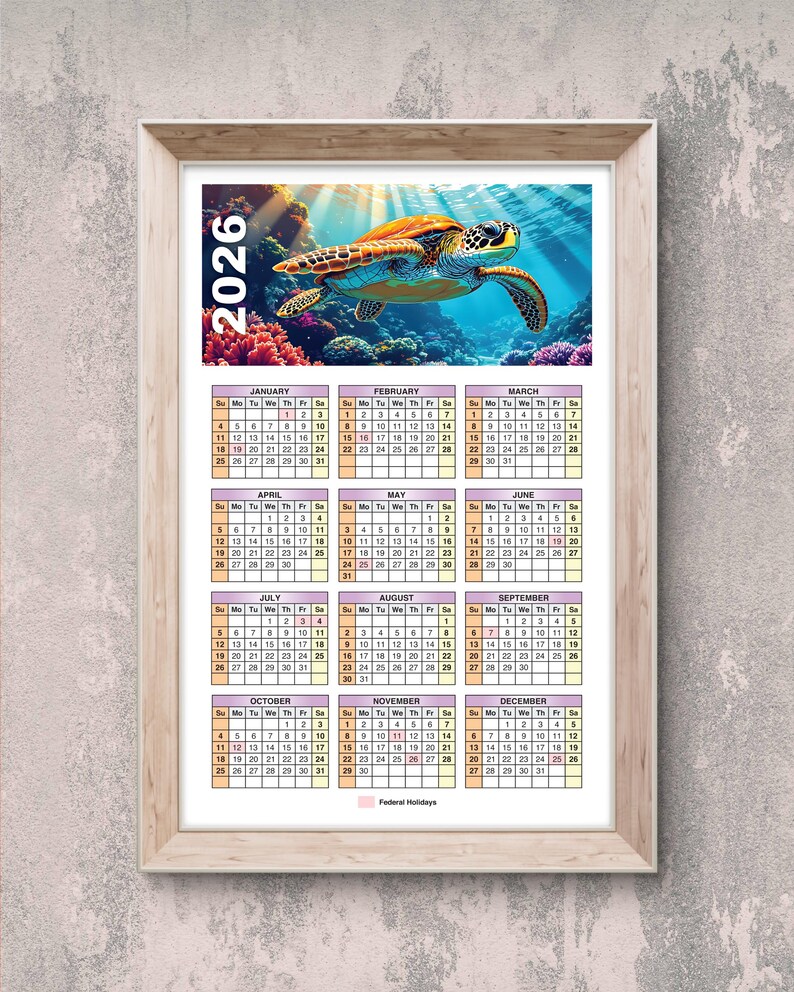 2026 Sea Turtle Calendar Printable | Colorful One Page PDF - Instant ...