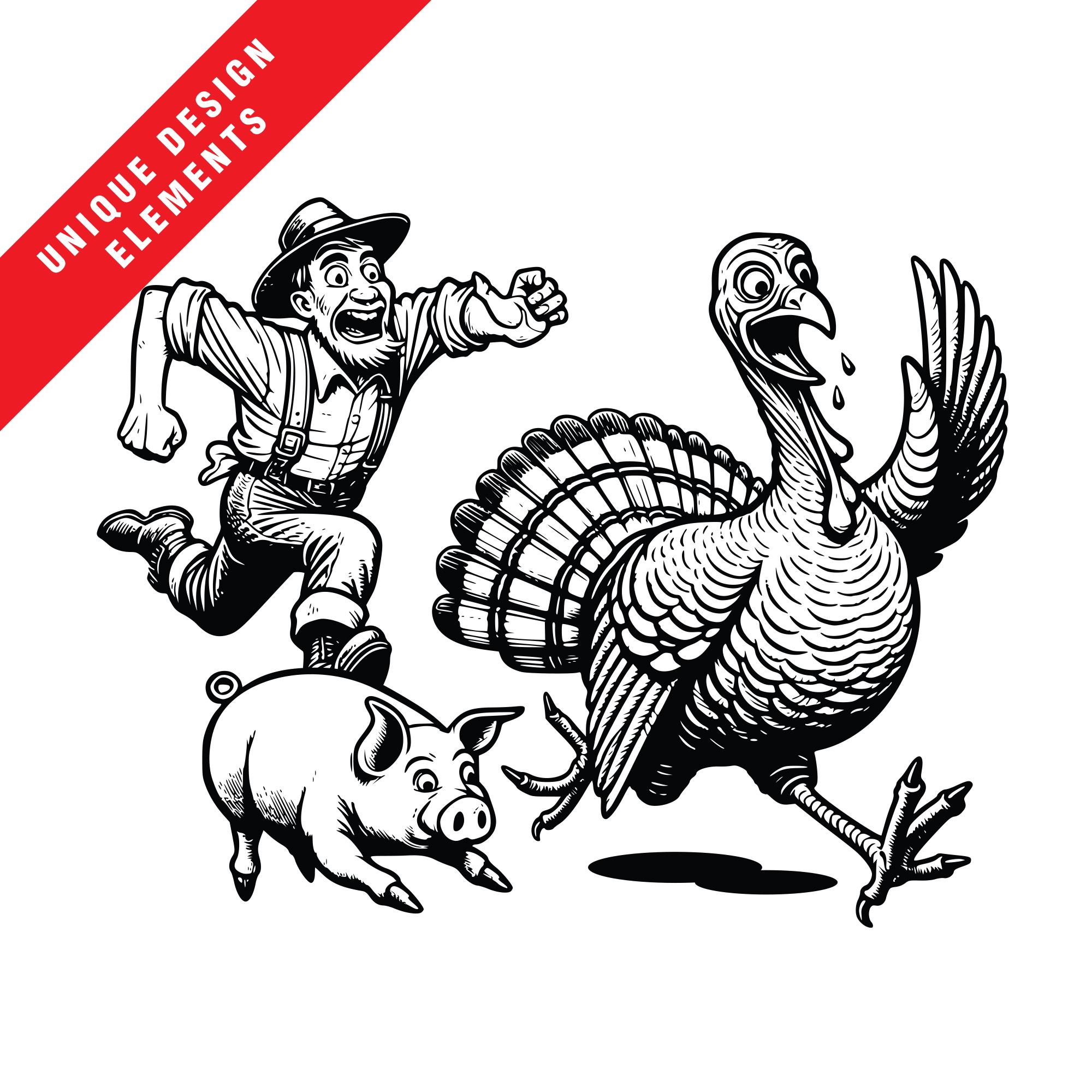 Thanksgiving Clipart: Farmer, Pig, Turkey Vector Illustration (EPS, SVG ...