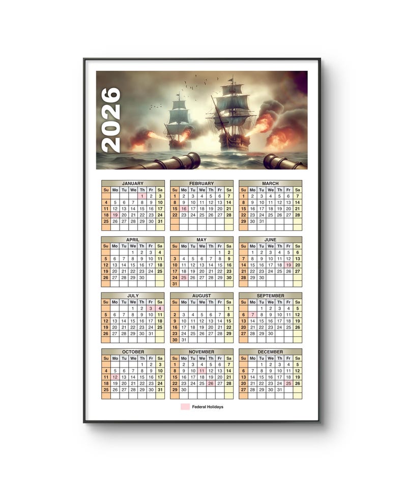 2026 Pirate Ship Battle Calendar - Instant PDF Digital Download ...