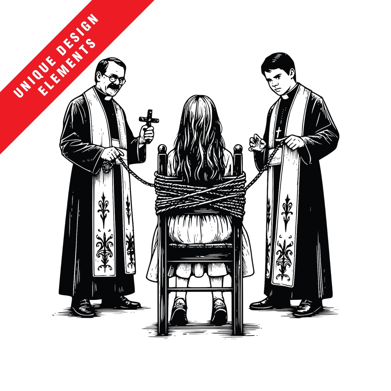 Exorcism Clipart: Priests and Young Girl Vector Illustration (digital ...