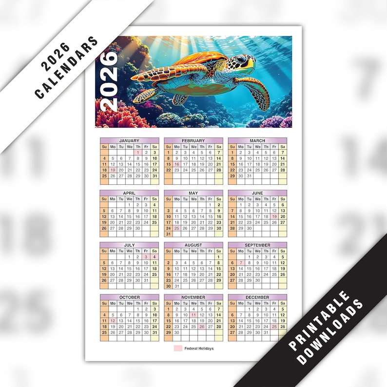 2026 Sea Turtle Calendar Printable | Colorful One Page PDF - Instant ...