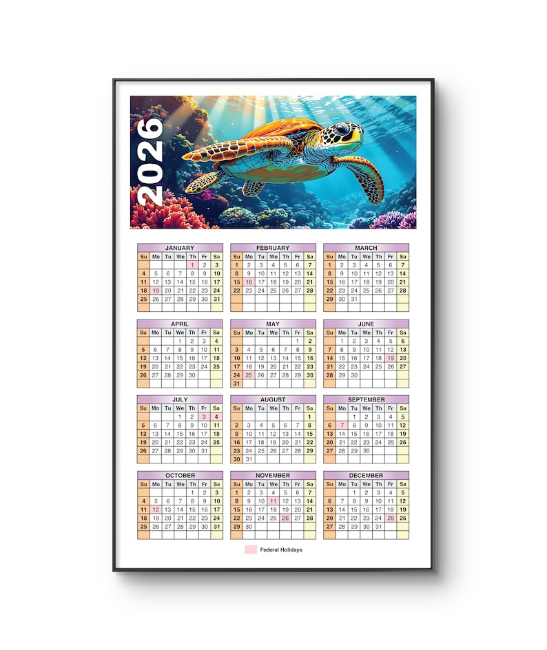 2026 Sea Turtle Calendar Printable | Colorful One Page PDF - Instant ...