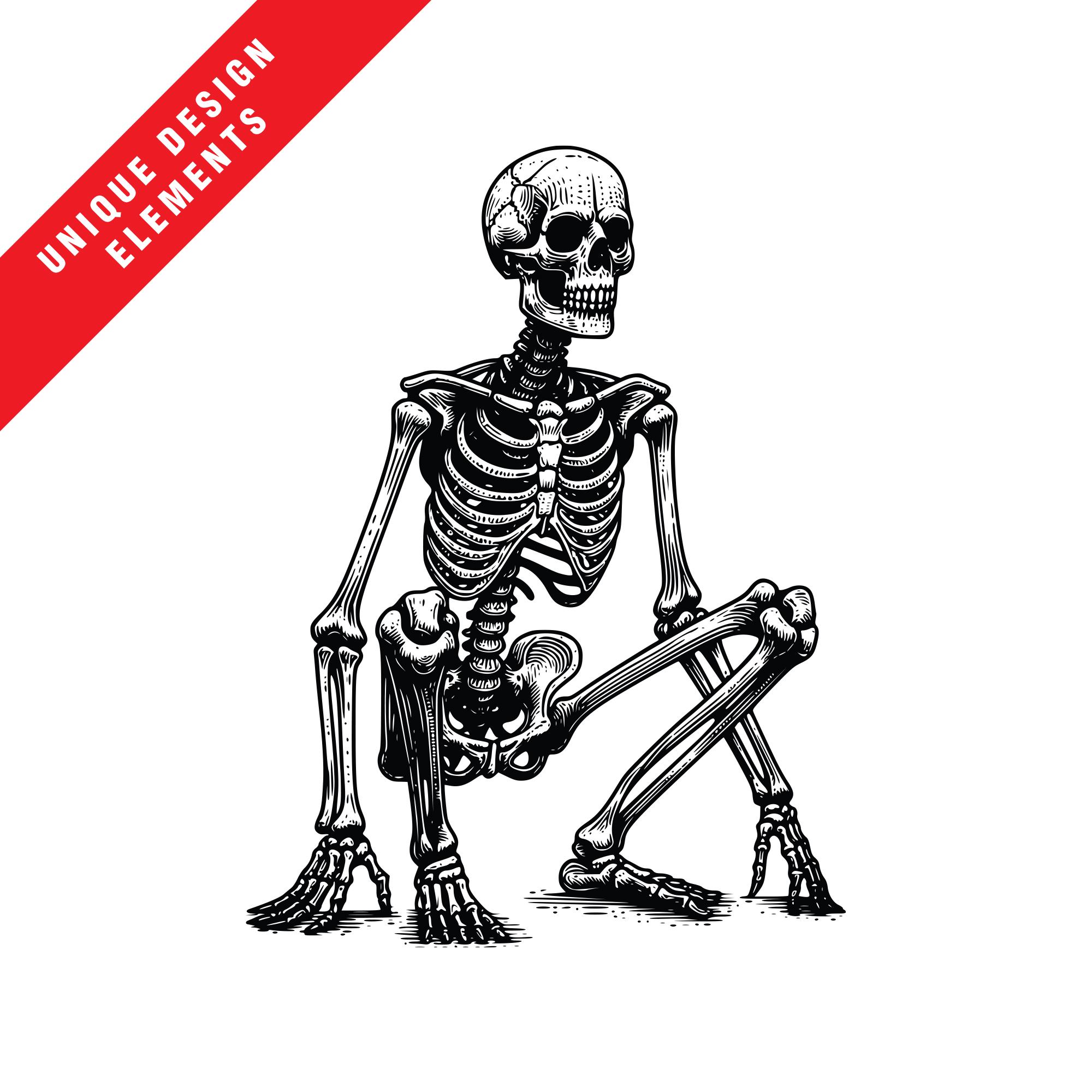 Creepy Squatting Skeleton - EPS, SVG, PNG Clipart Set, Vector ...