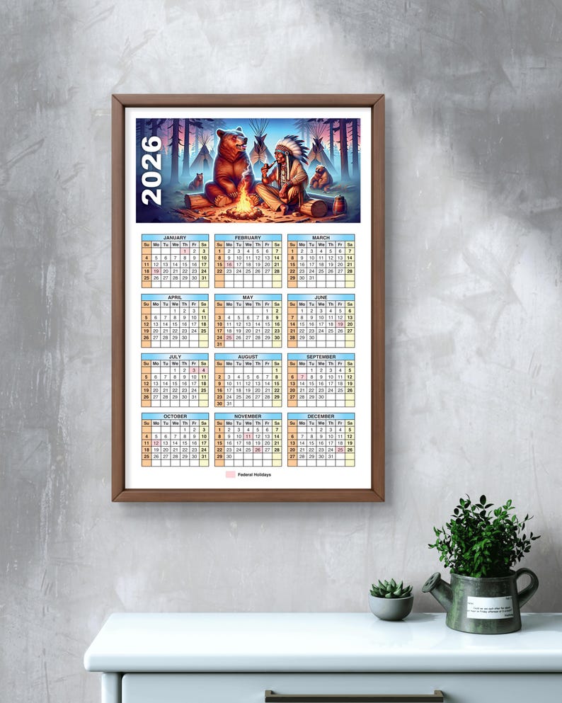 2026 Indian Chief & Bear Smoking Peace Pipe Calendar | Instant Digital ...