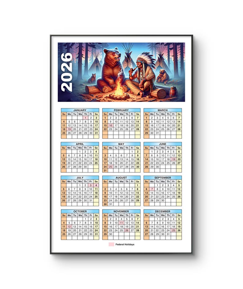 2026 Indian Chief & Bear Smoking Peace Pipe Calendar | Instant Digital ...