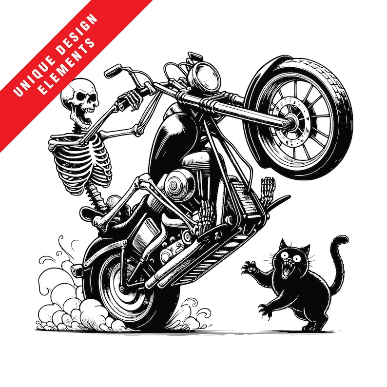 Spooky Skeleton on Motorcycle Startles Black Cat Clipart Set - EPS, SVG ...