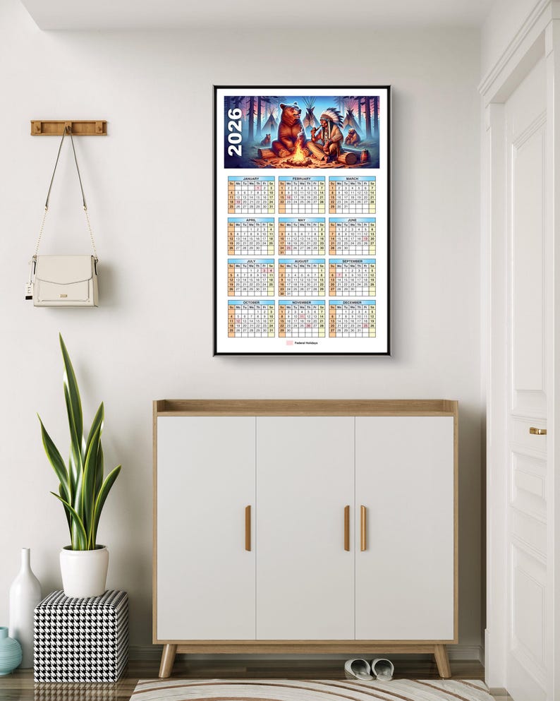 2026 Indian Chief & Bear Smoking Peace Pipe Calendar | Instant Digital ...