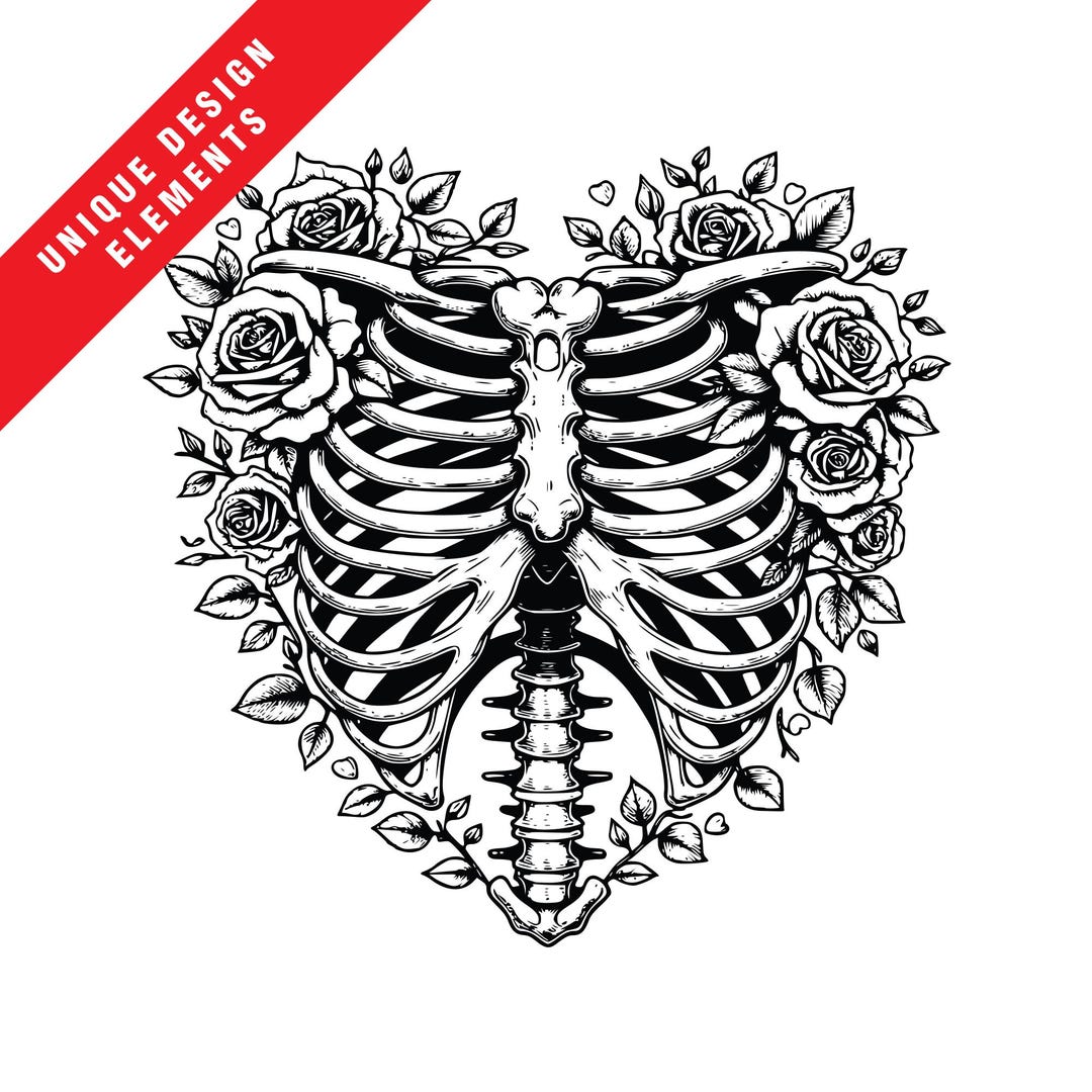 Heart-shaped Skeleton Ribcage With Rose Accents - EPS SVG PNG Clipart ...