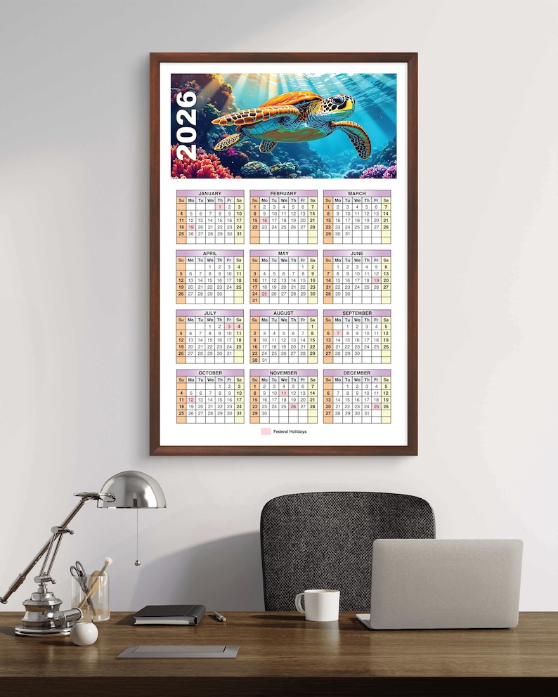 2026 Sea Turtle Calendar Printable | Colorful One Page PDF - Instant ...