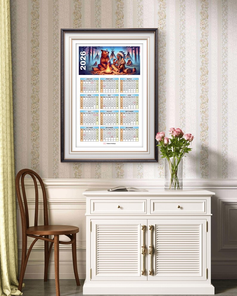 2026 Indian Chief & Bear Smoking Peace Pipe Calendar | Instant Digital ...