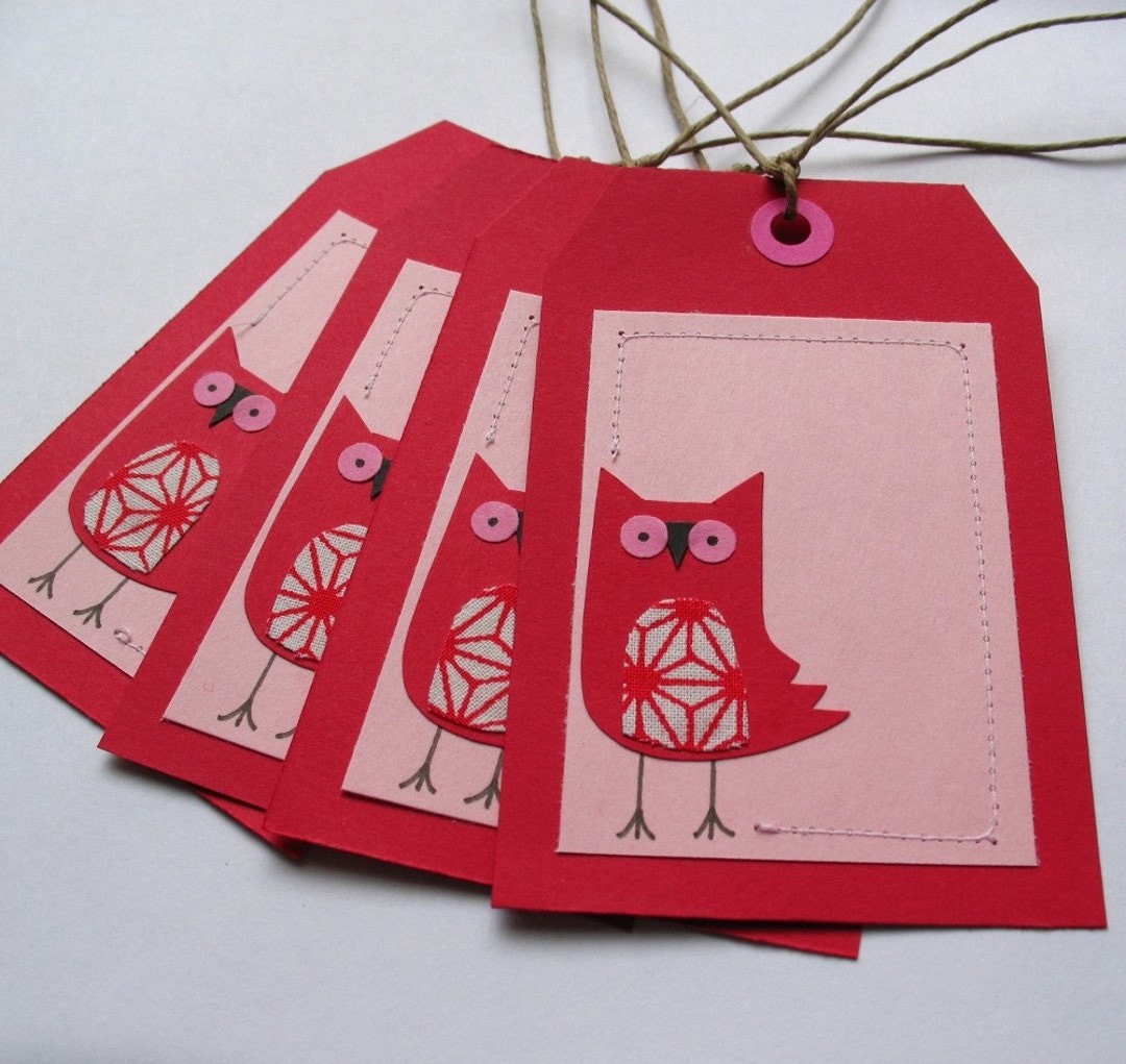 Handmade Owl Gift Tags: Red & Pink, Set of 4 - Etsy