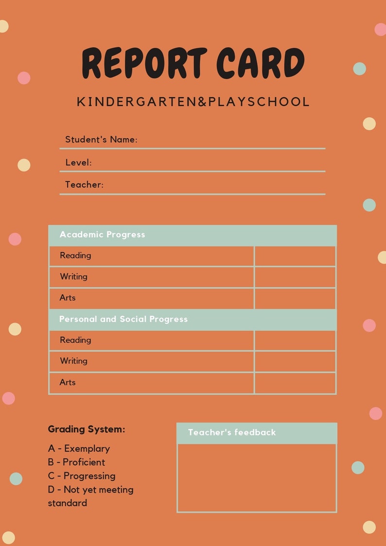 Report Card Kindergarten& Playschool - Etsy