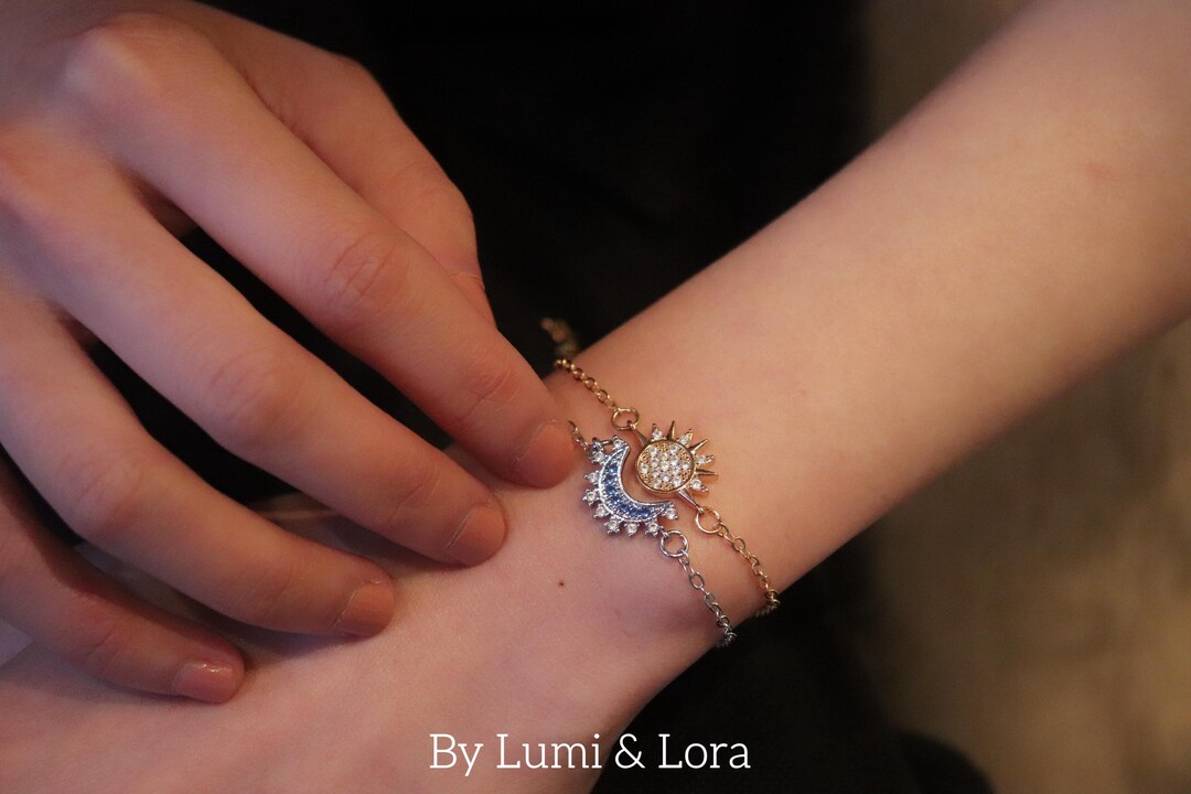 Dainty Sun and Moon Bracelet, Pave Charm Bracelet, Personalized ...