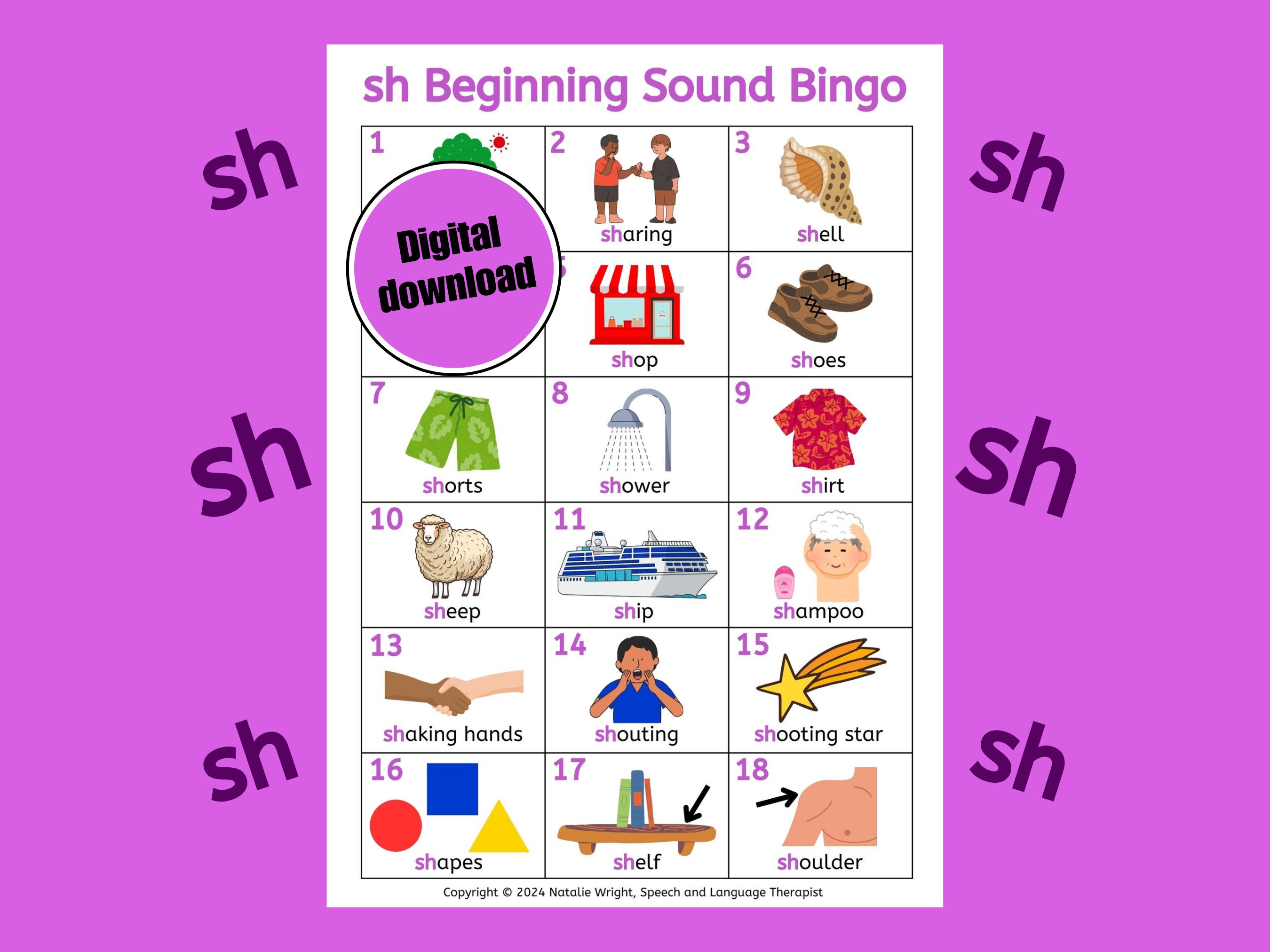Sh Speech Sound Bingo Game Printable, Beginning Sound Card, Speech ...