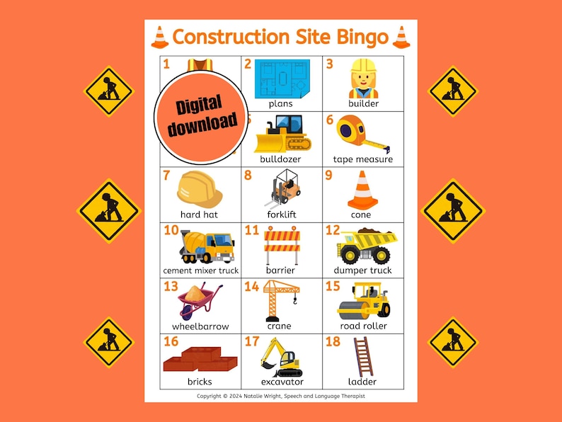 Construction Site Bingo, Printable Bingo Cards, Construction Activity ...