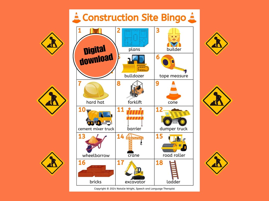 Construction Site Bingo, Printable Bingo Cards, Construction Activity ...