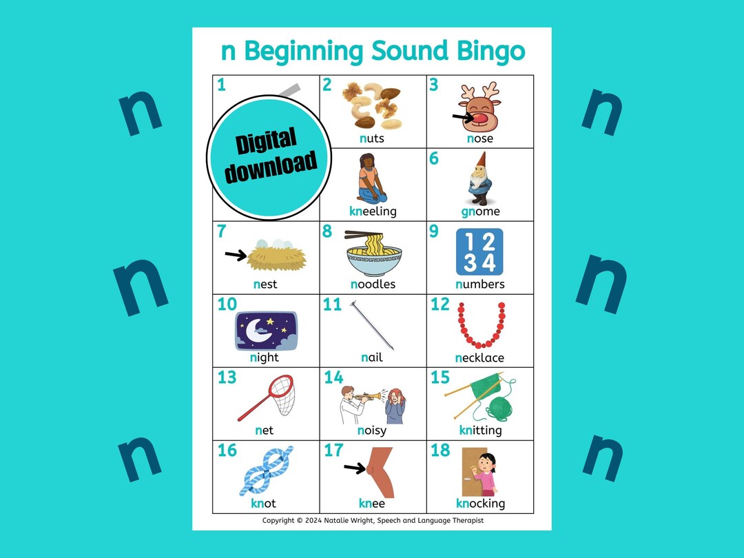 N Speech Sound Bingo Game Printable, Beginning Sound Card, Speech ...