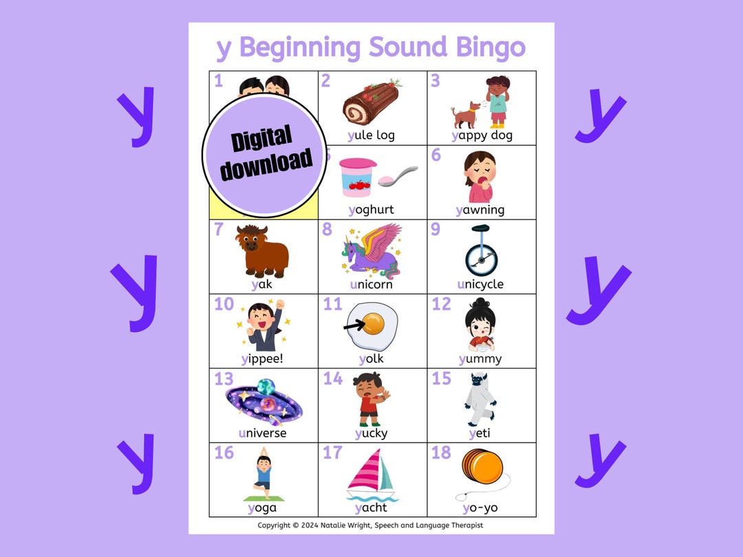 Y Speech Sound Bingo Game Printable, Beginning Sound Card, Speech ...
