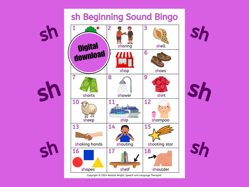 Sh Speech Sound Bingo Game Printable, Beginning Sound Card, Speech ...