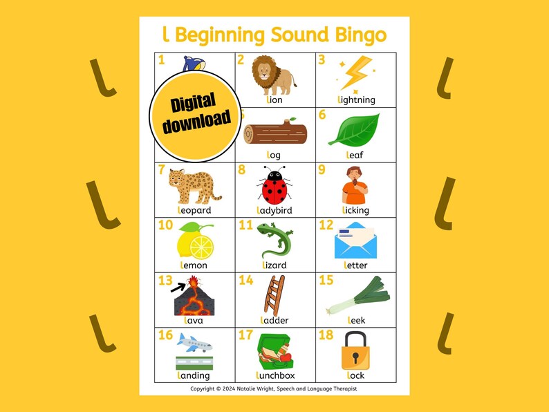 L Speech Sound Bingo Game Printable, Beginning Sound Card, Speech ...
